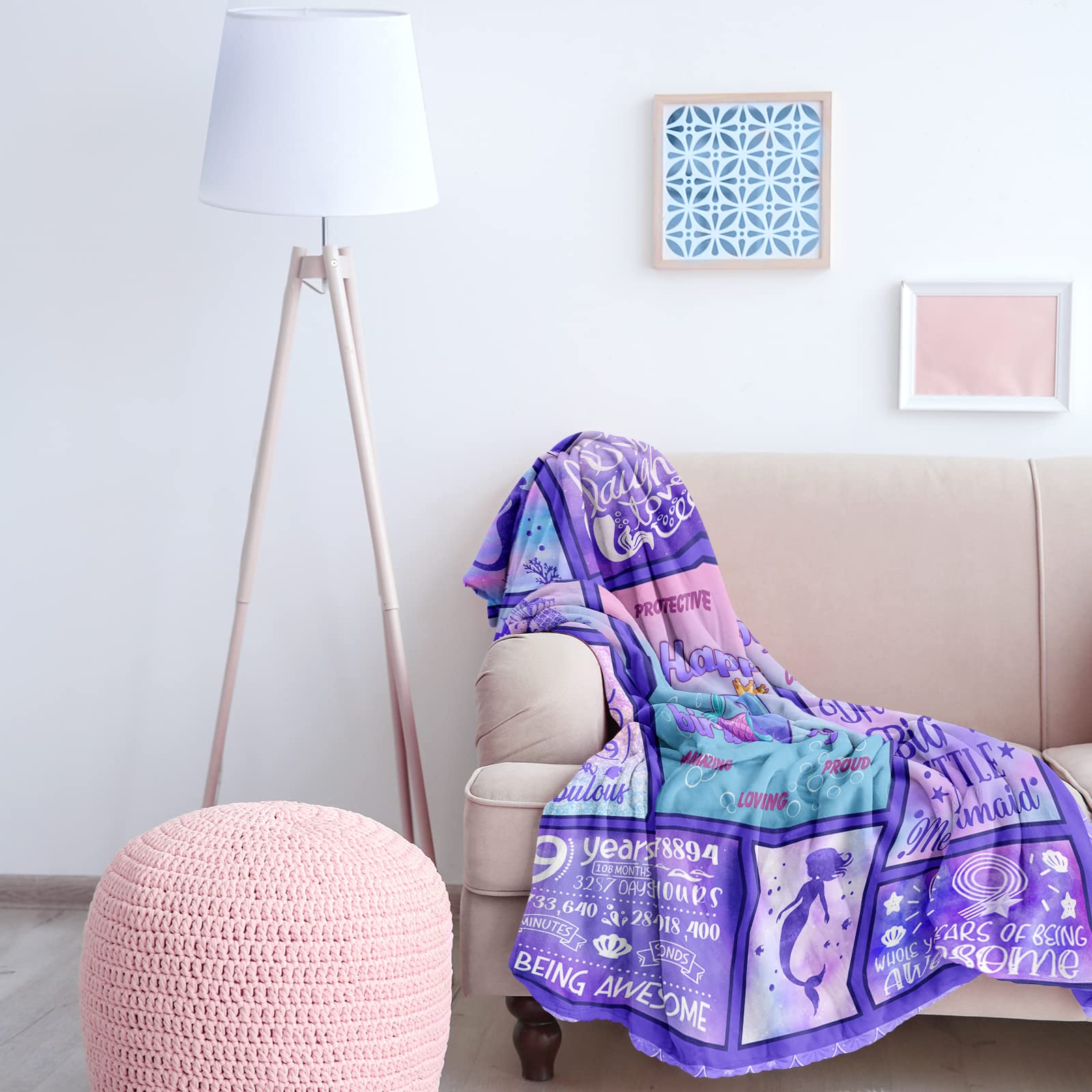 Henazin 9 Year Old Girl Birthday Gift, Purple Cartoon Heart Flannel Throw Blanket, 50"X60", Lightweight, Modern, Twin Size, 1 Count