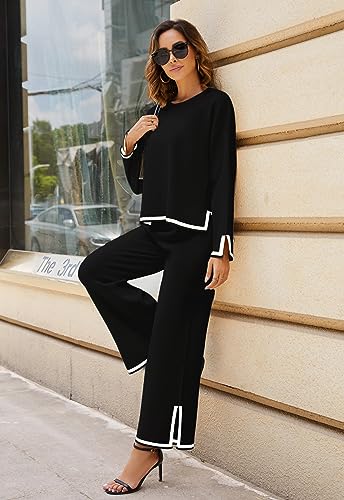 EsheSy Women's 2 Piece Outfits Sweater Sets Long Sleeve Knit Pullover Tops Wide Leg Pants Tracksuit Lounge Sets(Black-M)