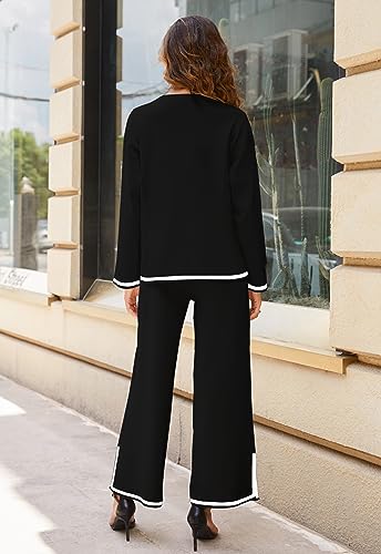 EsheSy Women's 2 Piece Outfits Sweater Sets Long Sleeve Knit Pullover Tops Wide Leg Pants Tracksuit Lounge Sets(Black-M)