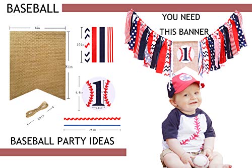 Baseball Banner for 1 St Birthday - First Birthday Decorations for Baseball Rag Tie Fabric Garland, Photo Booth Props Red White Blue, Birthday Souvenir and Gifts for Boy