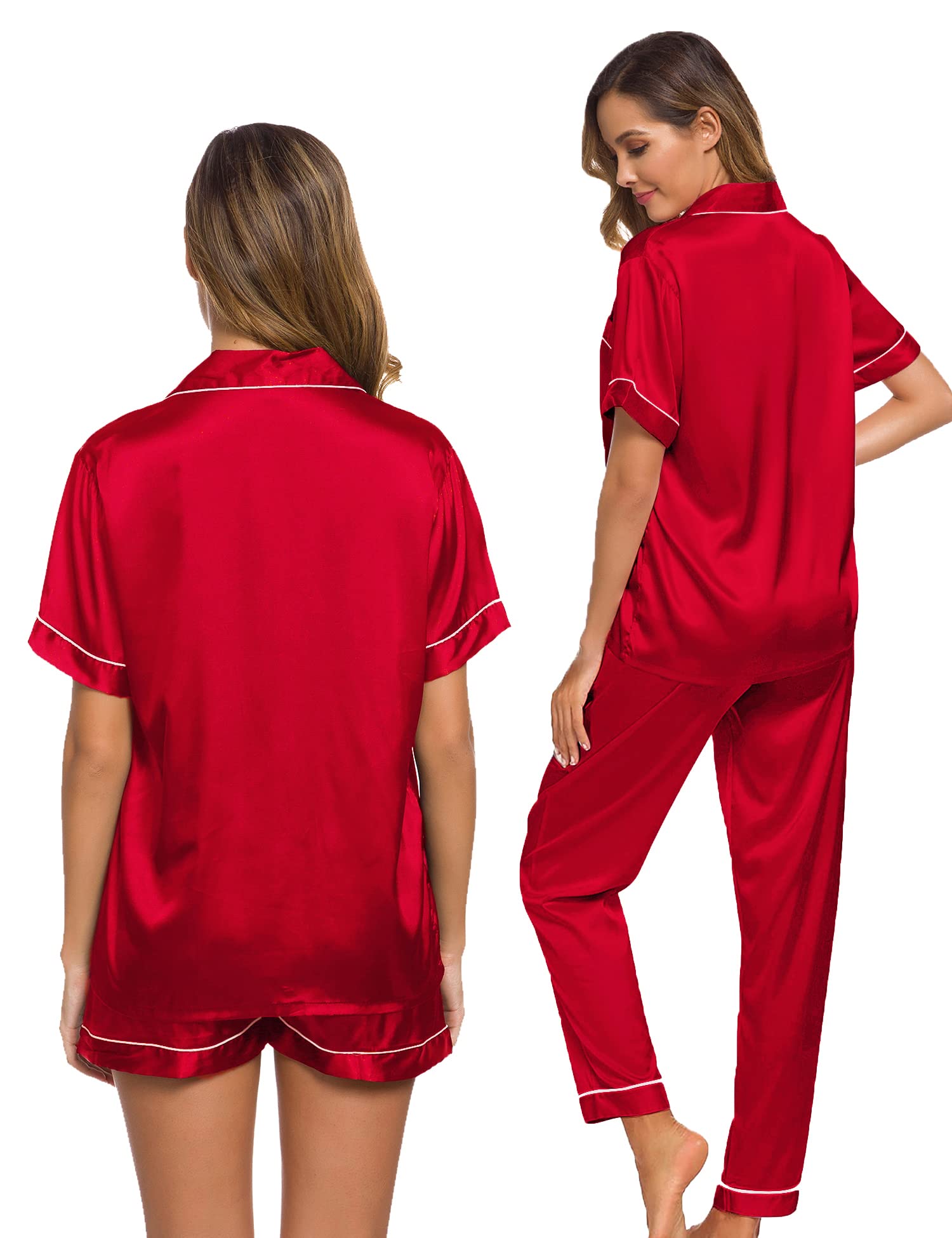 SWOMOG Womens 3pcs Pajamas Set Silk Satin Short Sleeve Sleepwear Button Down Loungewear Pjs Nightwear Red Medium