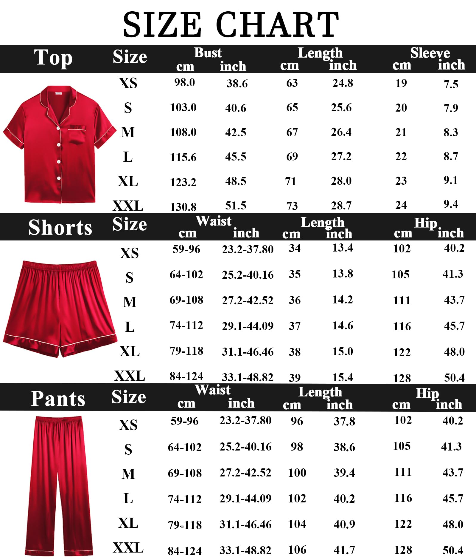 SWOMOG Womens 3pcs Pajamas Set Silk Satin Short Sleeve Sleepwear Button Down Loungewear Pjs Nightwear Red Medium