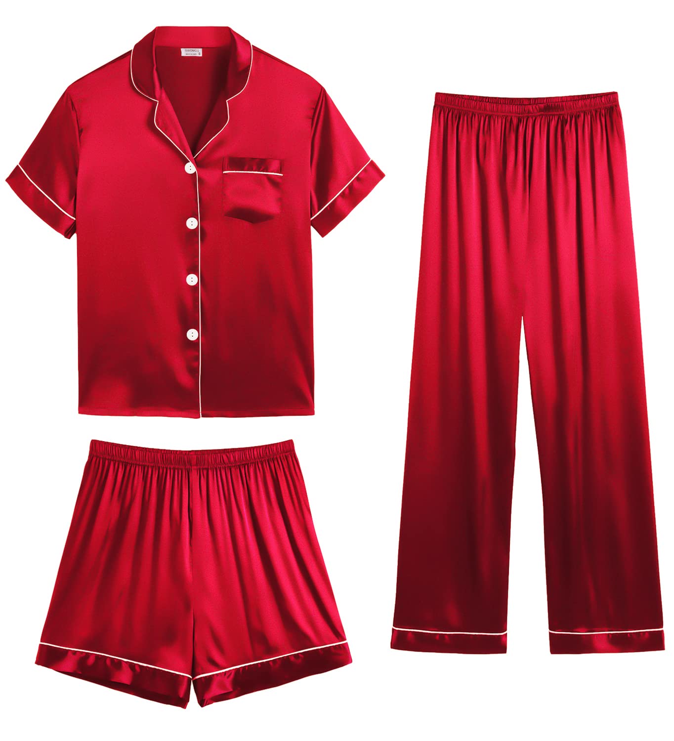 SWOMOG Womens 3pcs Pajamas Set Silk Satin Short Sleeve Sleepwear Button Down Loungewear Pjs Nightwear Red Medium
