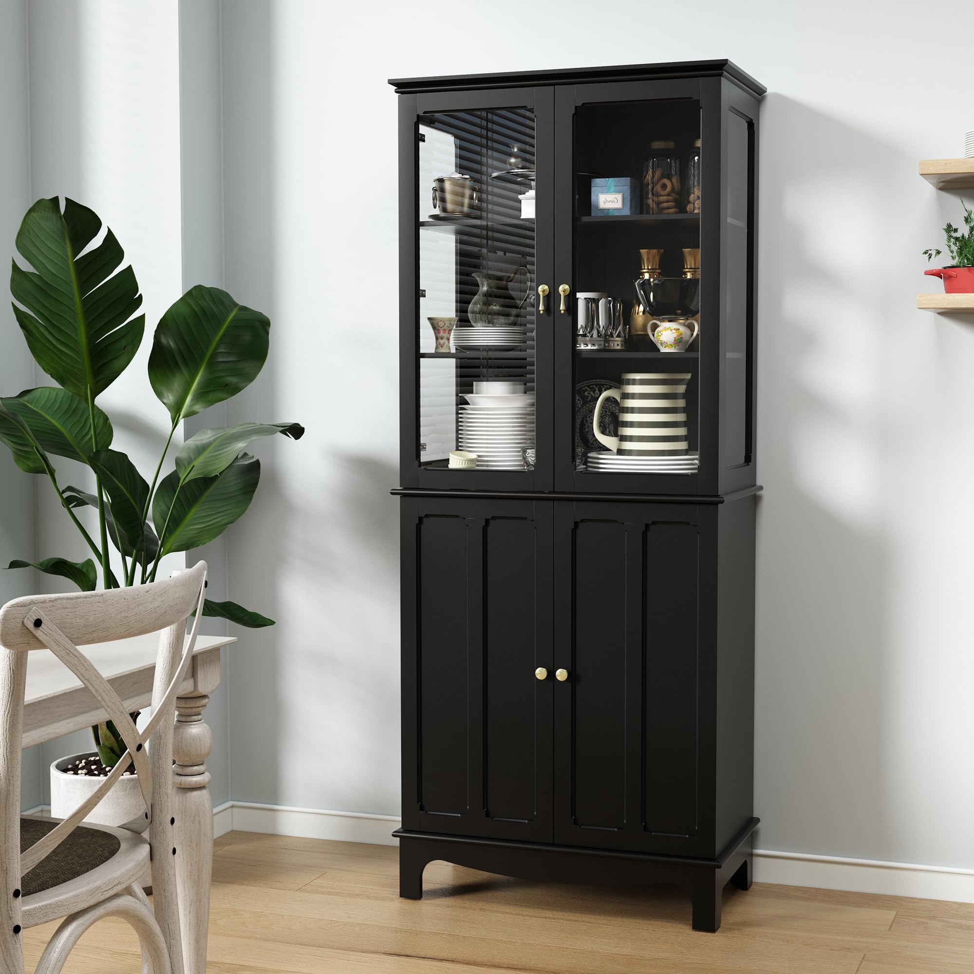 ARTPOWER 72" Freestanding Kitchen Pantry Storage Sideboard, Classical Tall Cabinet with Glass Door and Adjustable Shelves for Kitchen, Livingroom and Dining Room, Black
