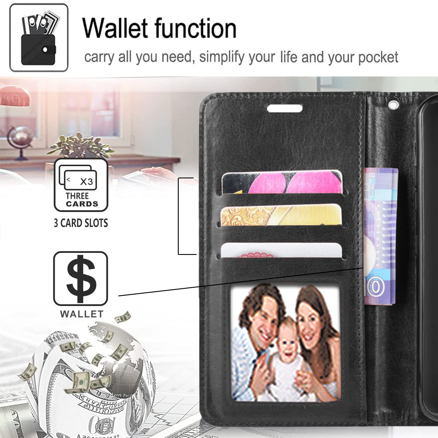 STARSHOP Samsung Galaxy S7 Phone Case, with [Tempered Glass Screen Protector Included] PU Leather Wallet Shockproof Cover Kickstand with Pocket Card Slots Magnet Closure -Dark