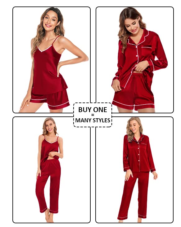 SWOMOG Womens 4pcs Pajamas Sets Silk Satin Pjs Sexy Cami Shorts Set Button Down Long Sleeve Sleepwear Loungewear, Red Medium