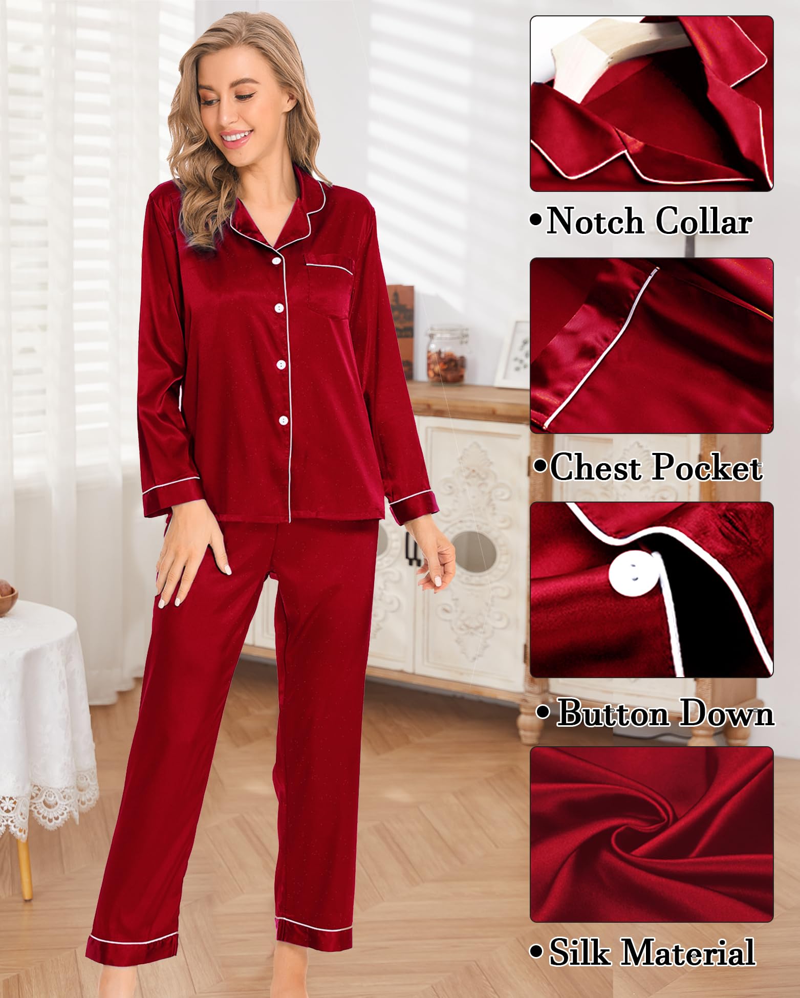 SWOMOG Womens 4pcs Pajamas Sets Silk Satin Pjs Sexy Cami Shorts Set Button Down Long Sleeve Sleepwear Loungewear, Red Medium