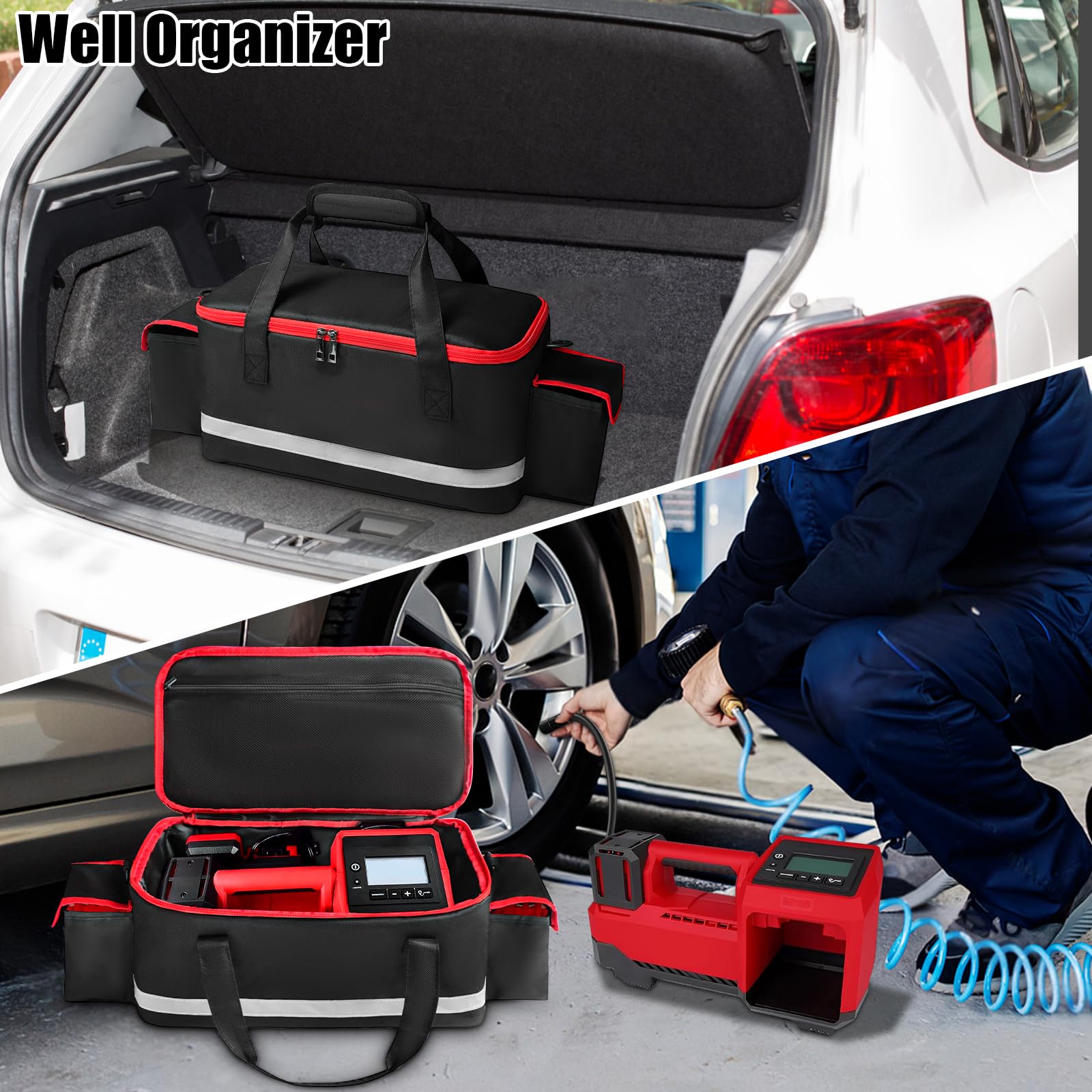 Tesuko Air Compressor Bag Compatible with Milwaukee M18 Inflator 2848-20/2771-20, Air Pump Organizer Case for Milwaukee Inflator, Storage Holder Pouch for 18V 3.0 to 9.0 Ah Battery Black (Only Case)