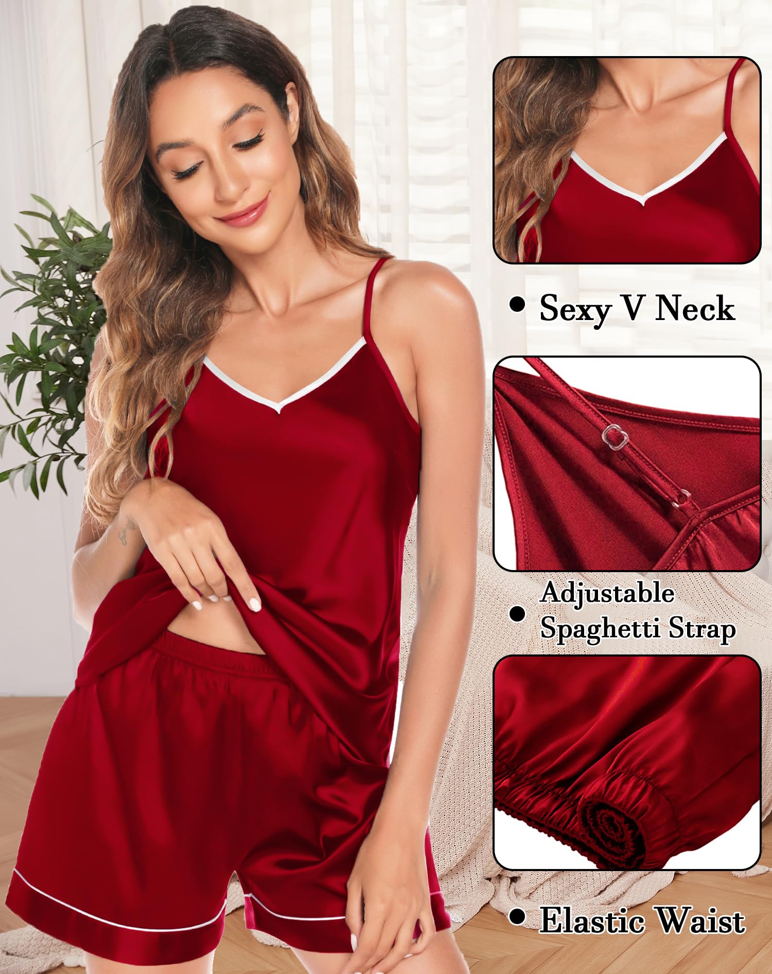 SWOMOG Womens 4pcs Pajamas Sets Silk Satin Pjs Sexy Cami Shorts Set Button Down Long Sleeve Sleepwear Loungewear, Red Medium