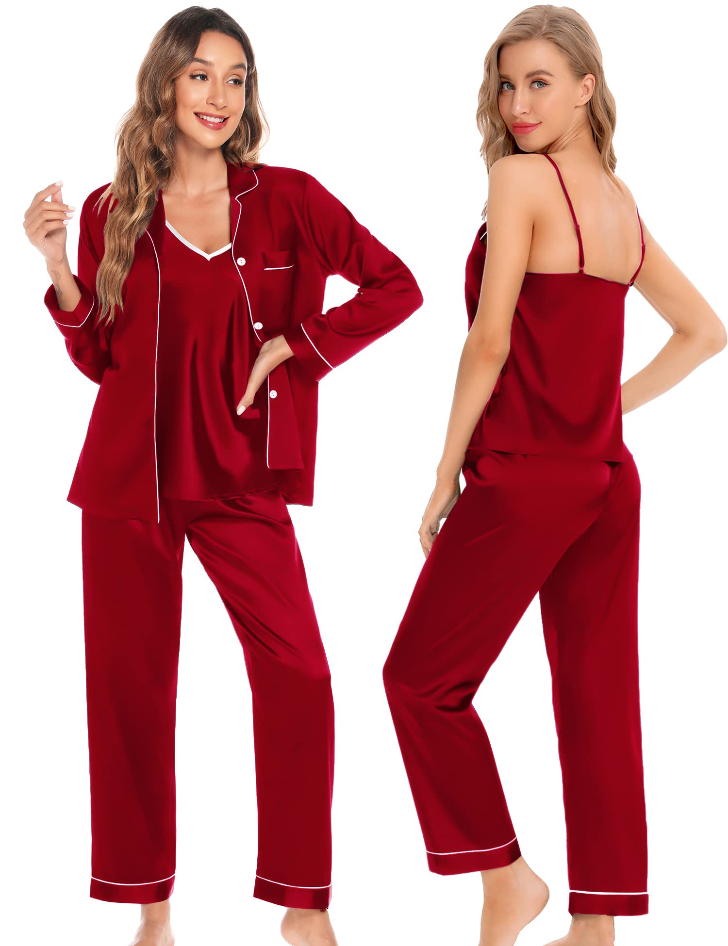 SWOMOG Womens 4pcs Pajamas Sets Silk Satin Pjs Sexy Cami Shorts Set Button Down Long Sleeve Sleepwear Loungewear, Red Medium
