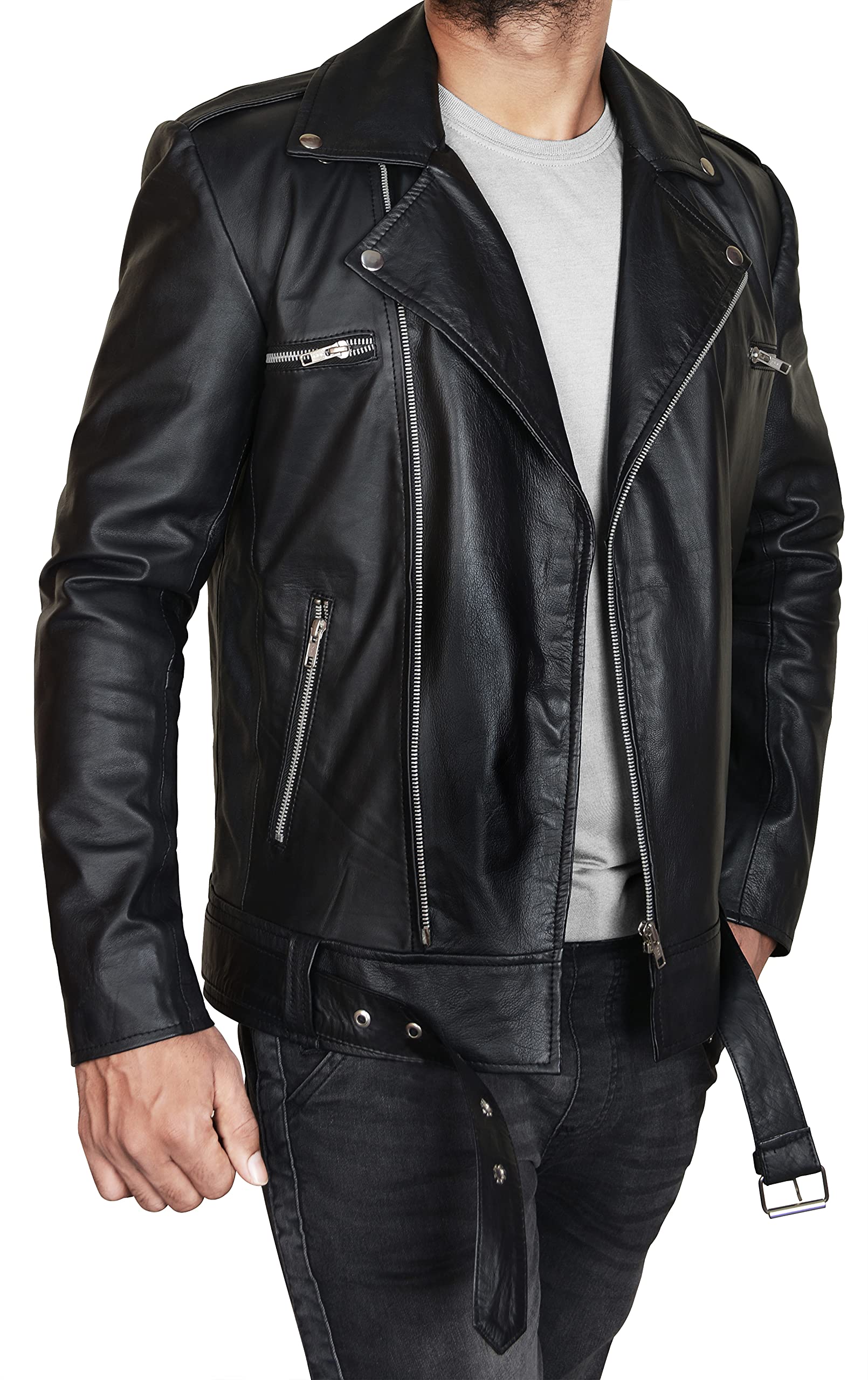 Prime-Fashion Men's Negan Walking S7 Black Brando Jeffrey Dean Morgan Motorcycle Slim Fit Genuine Leather Biker Jacket