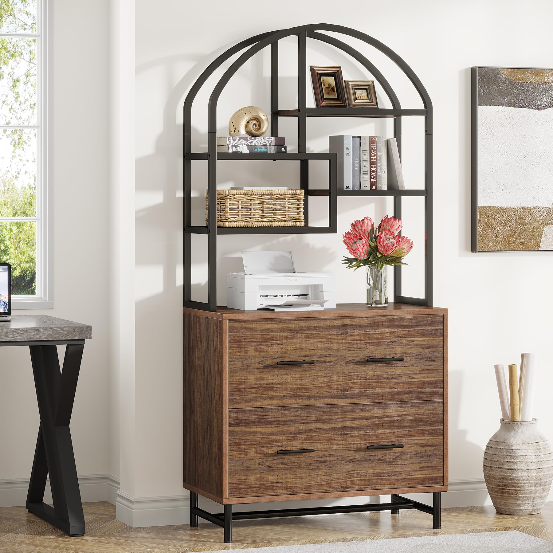 Tribesigns 4-Tier Bookshelf with 2 Drawers, Industrial Open Book Shelf Arched Bookcase, 70.8" Tall Storage Shelves Display Rack with LED Light and Metal Frame for Living Room (1, Grey)