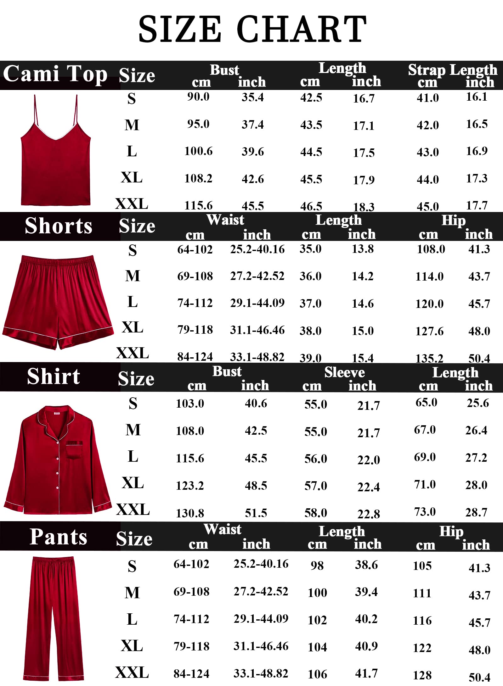 SWOMOG Womens 4pcs Pajamas Sets Silk Satin Pjs Sexy Cami Shorts Set Button Down Long Sleeve Sleepwear Loungewear, Red Medium