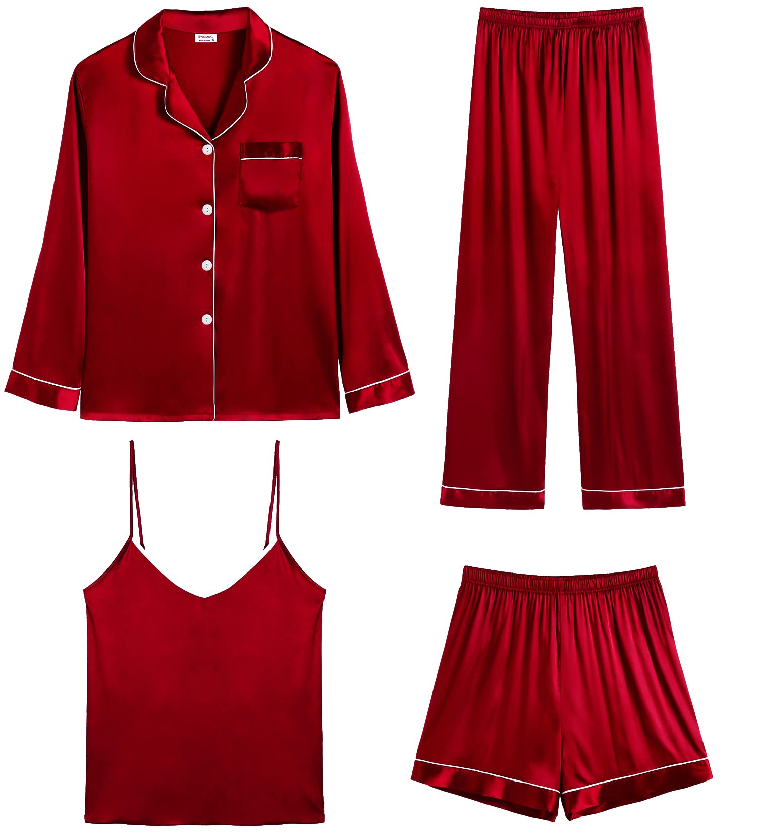 SWOMOG Womens 4pcs Pajamas Sets Silk Satin Pjs Sexy Cami Shorts Set Button Down Long Sleeve Sleepwear Loungewear, Red Medium