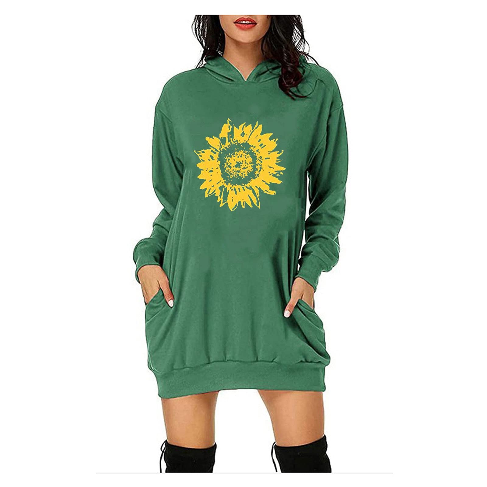 Christmas Hoodies Dress for Women Ugly Christmas Sweater Shirt Long Sleeve Crewneck Pullover Hooded Tunic with Pockets