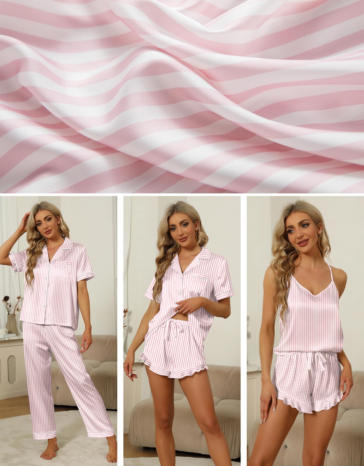 SAPJON Silk Pajamas for Women Set 4Pcs Ruffled Satin Pajamas Set Button Down Short Sleeve Cami Shorts Sleepwear Pj Set