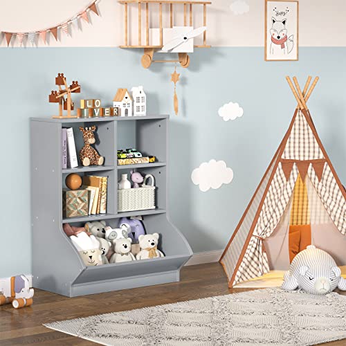 Aheaplus Toy Storage Organizer with Bookcase, 5 Cubby Bookshelf Toy Storage Cabinet, Open Multi-Bins Toys&Books Storage Display Organizer for Playroom, Bedroom, Living Room, Grey