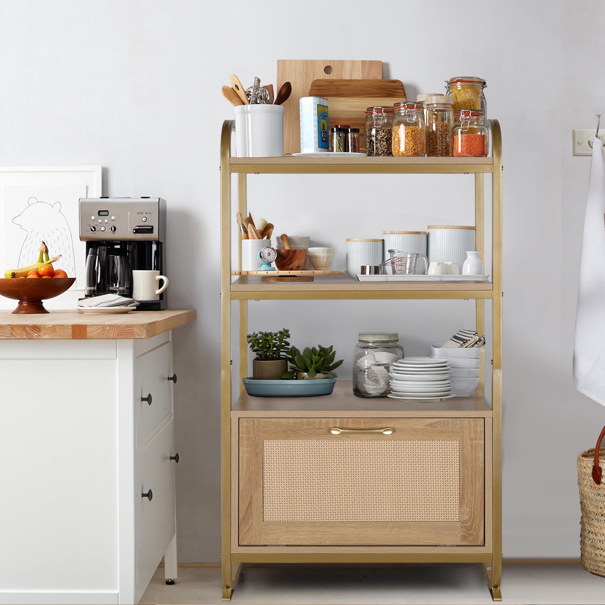 Oakrain Storage Cabinet, Kitchen Storage Cabinet with Door and Shelves, Farmhouse Rattan Cabinet Freestanding Storage Shelves for Kitchen, Bathroom, Home, Living Room