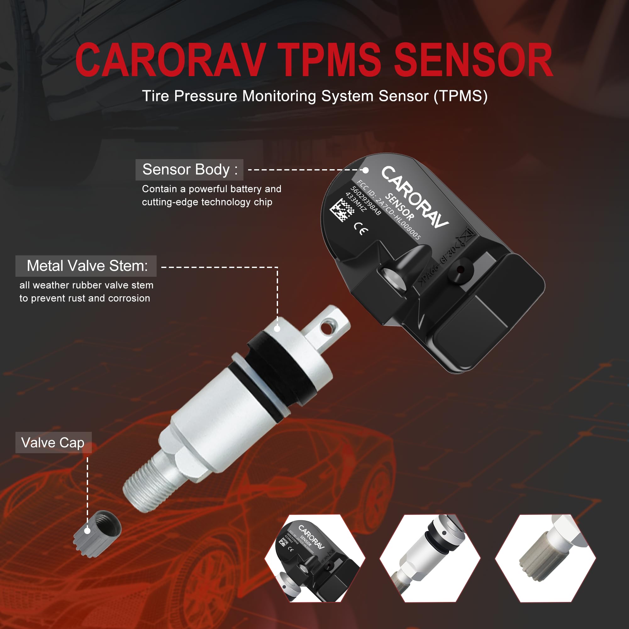 CARORAV TPMS Sensor, 4-Pack Tire Pressure Sensor Replacement for Chrysler Jeep Dodge Ram, 433MHz OE Replaces#56029398AB 68142397AA 68241067AA 68241067AB