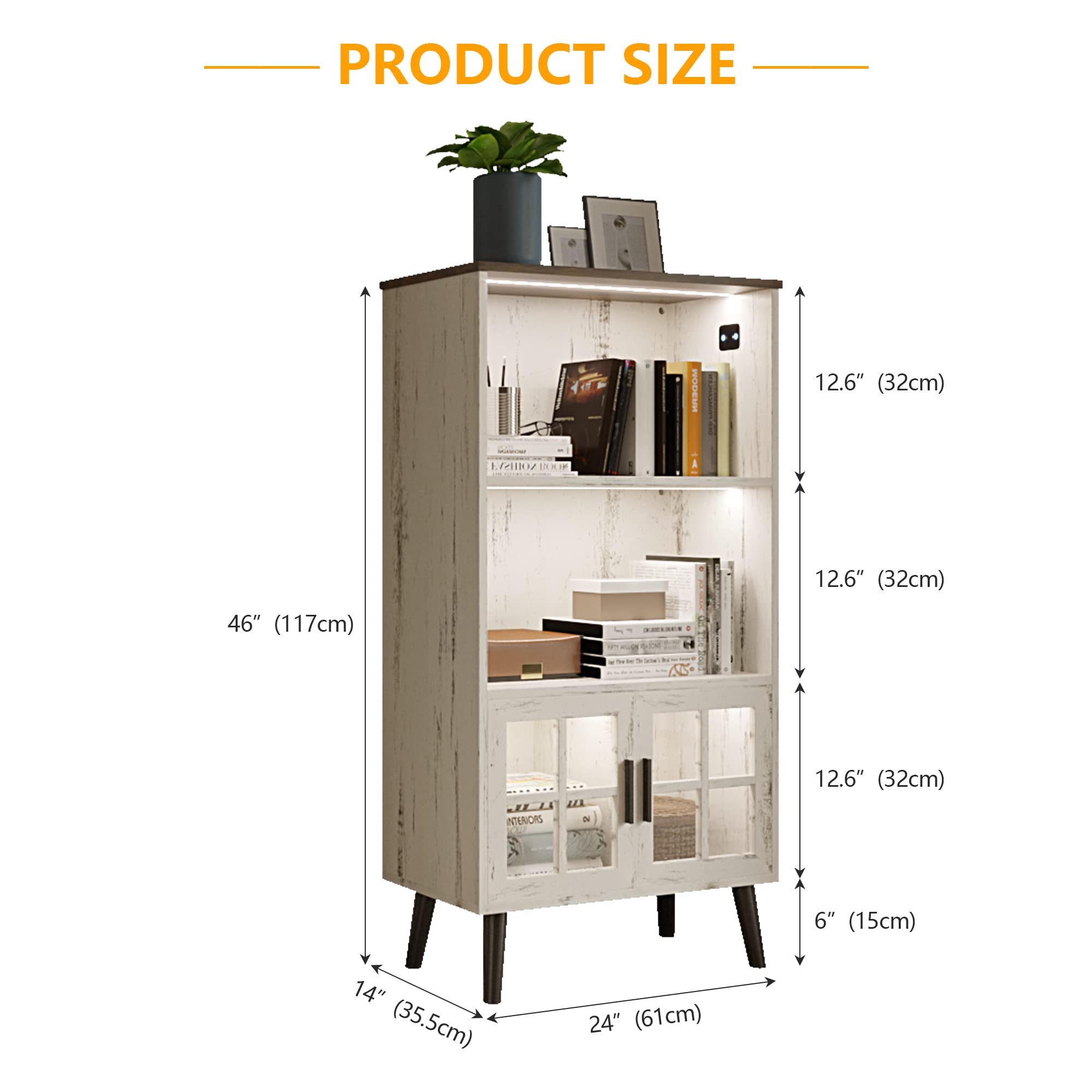 LVSOMT 3 Shelf Bookcase with LED Lights,Book Case with 2 Open Shelves, Storage Cabinet with Door, Human Body Induction Mode, Modern Wood Bookshelf for Bedroom/Living Room/Office, White