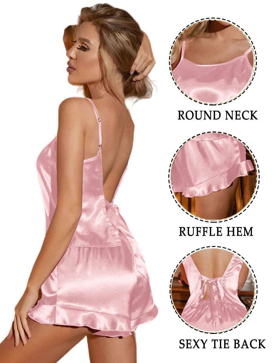 Ekouaer Silk Pajamas Set Women Satin Sleepwear Ruffled Camisole Shorts Pjs Nightwear Large Pink