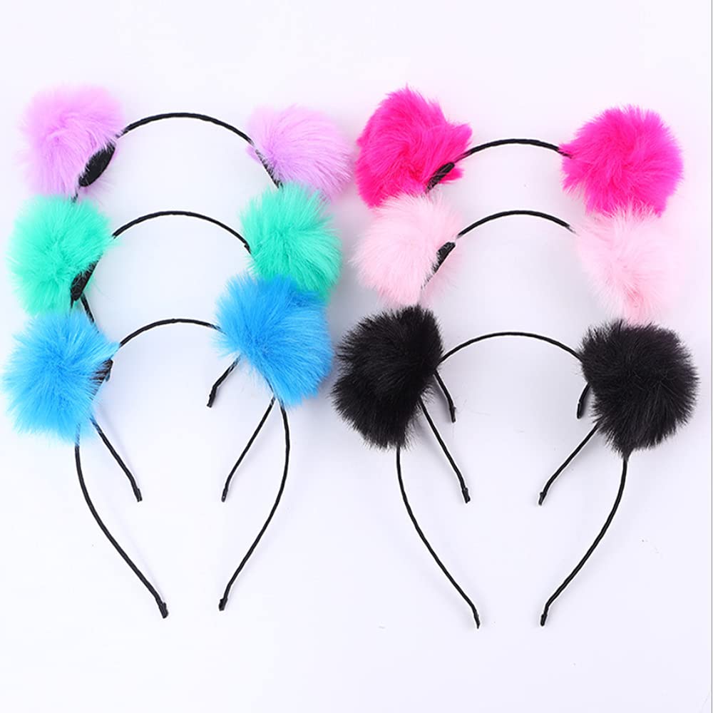 XIZHI 6pcs Pompom Ball Headband Iridescent Fluffy Ball Hair Loop Ear Headband Soft Style Cute Flurry for Kids Girls Boys Costume (Colorful)
