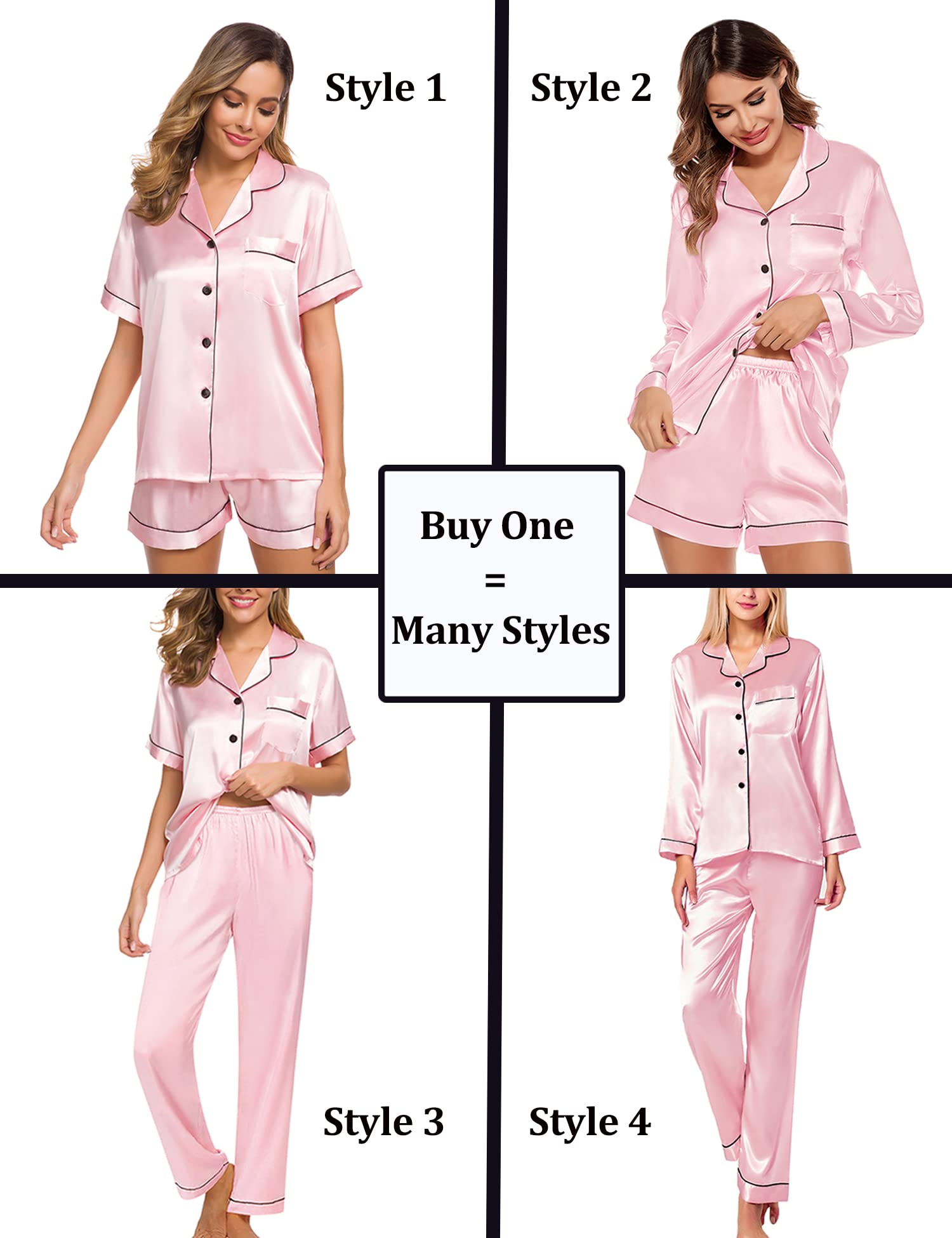 SWOMOG Women 4Pcs Silk Pajamas Set Button Down Sleepwear Loungewear Pj Sets for Ladies Nightwear Pink Small