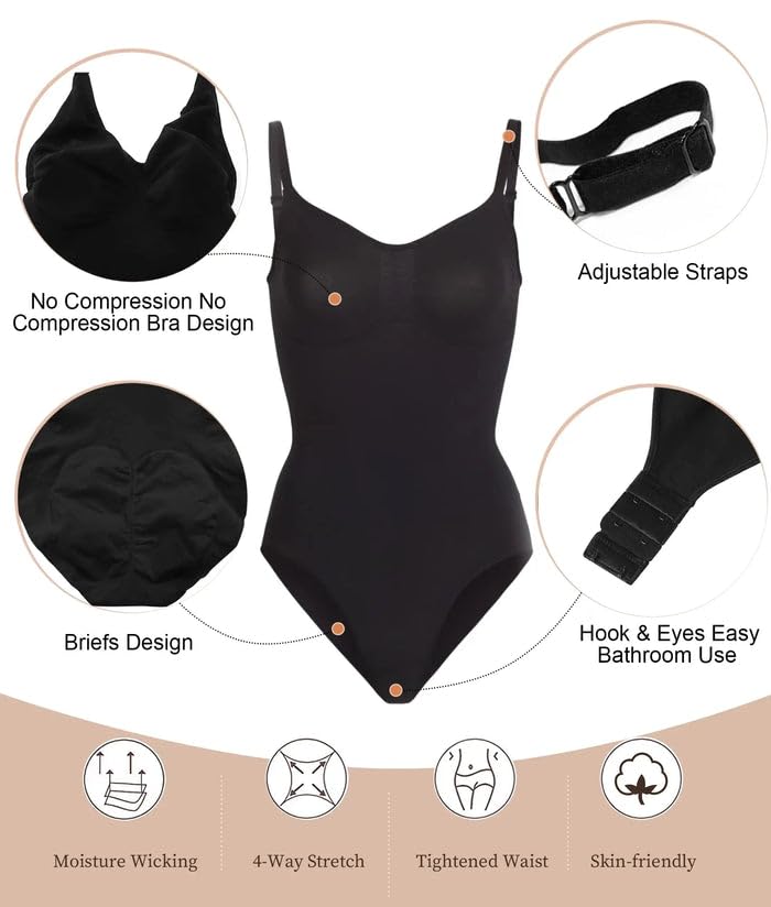 SHAPERX Women's Shapewear Bodysuit Tummy Control Body Shaper Seamless Sculpting Snatched Waist Body Suit,SZ5213-Black-L/XL