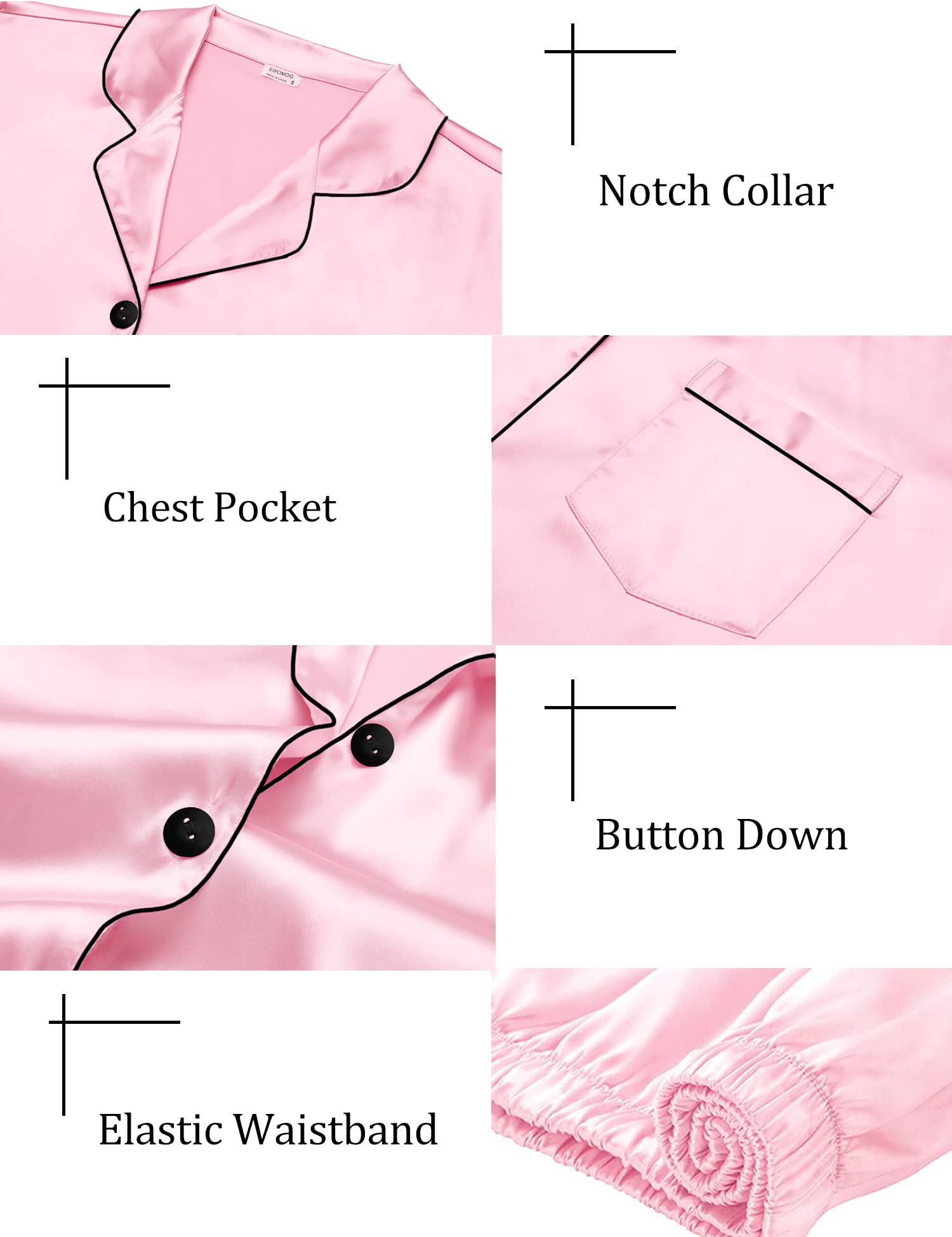 SWOMOG Women 4Pcs Silk Pajamas Set Button Down Sleepwear Loungewear Pj Sets for Ladies Nightwear Pink Small