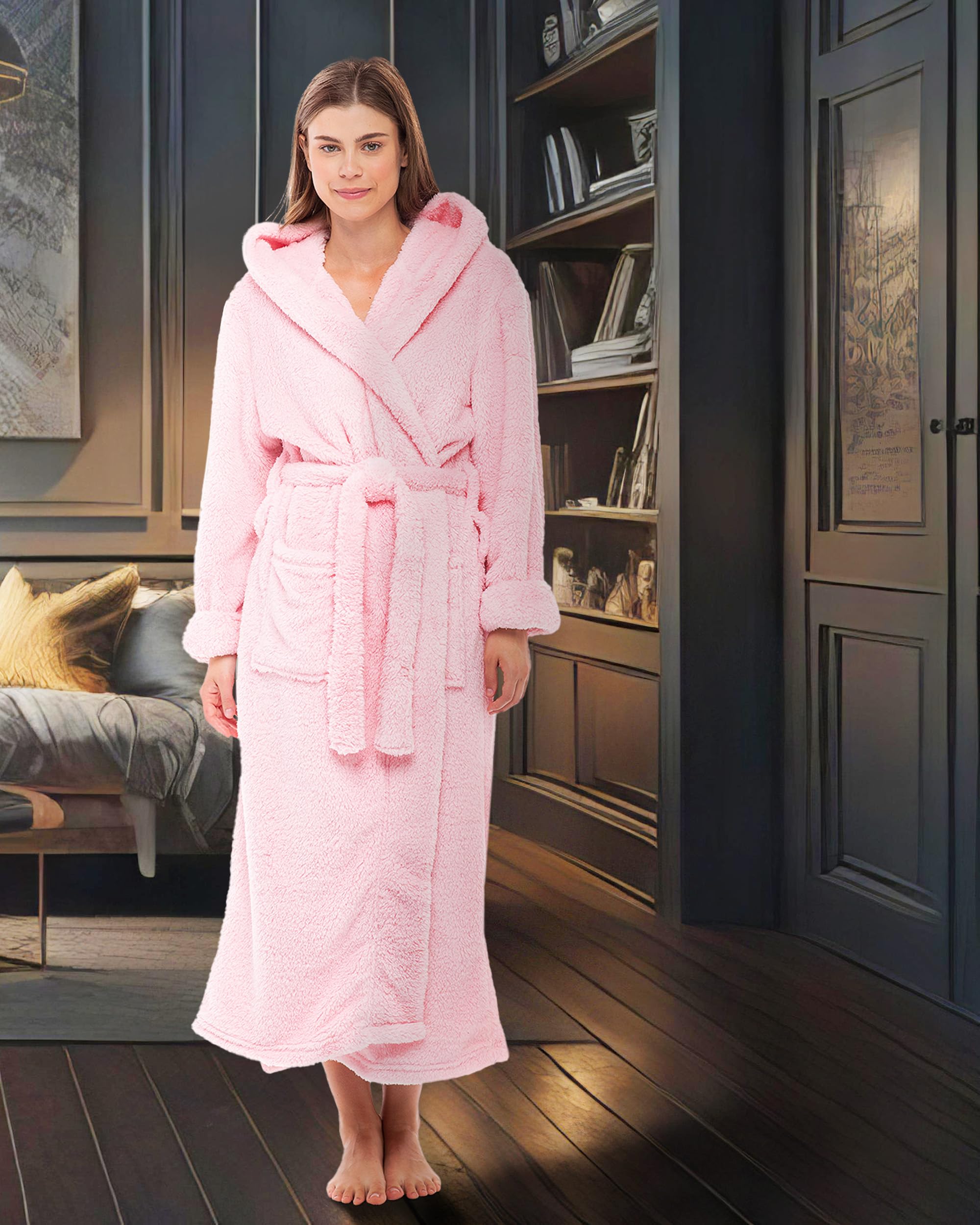 Alexander Del Rossa Womens Fluffy Robe, Fuzzy Robe for Women, Long Hooded Robes for Women, Plus Size Robe Pink Rose Quartz Medium (A0304RSQMD)
