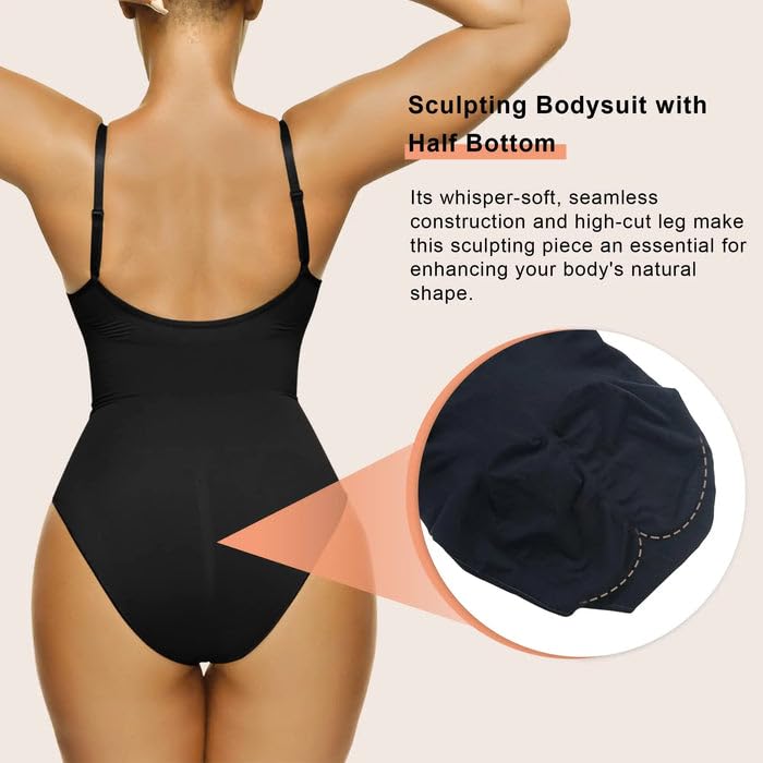 SHAPERX Women's Shapewear Bodysuit Tummy Control Body Shaper Seamless Sculpting Snatched Waist Body Suit,SZ5213-Black-L/XL