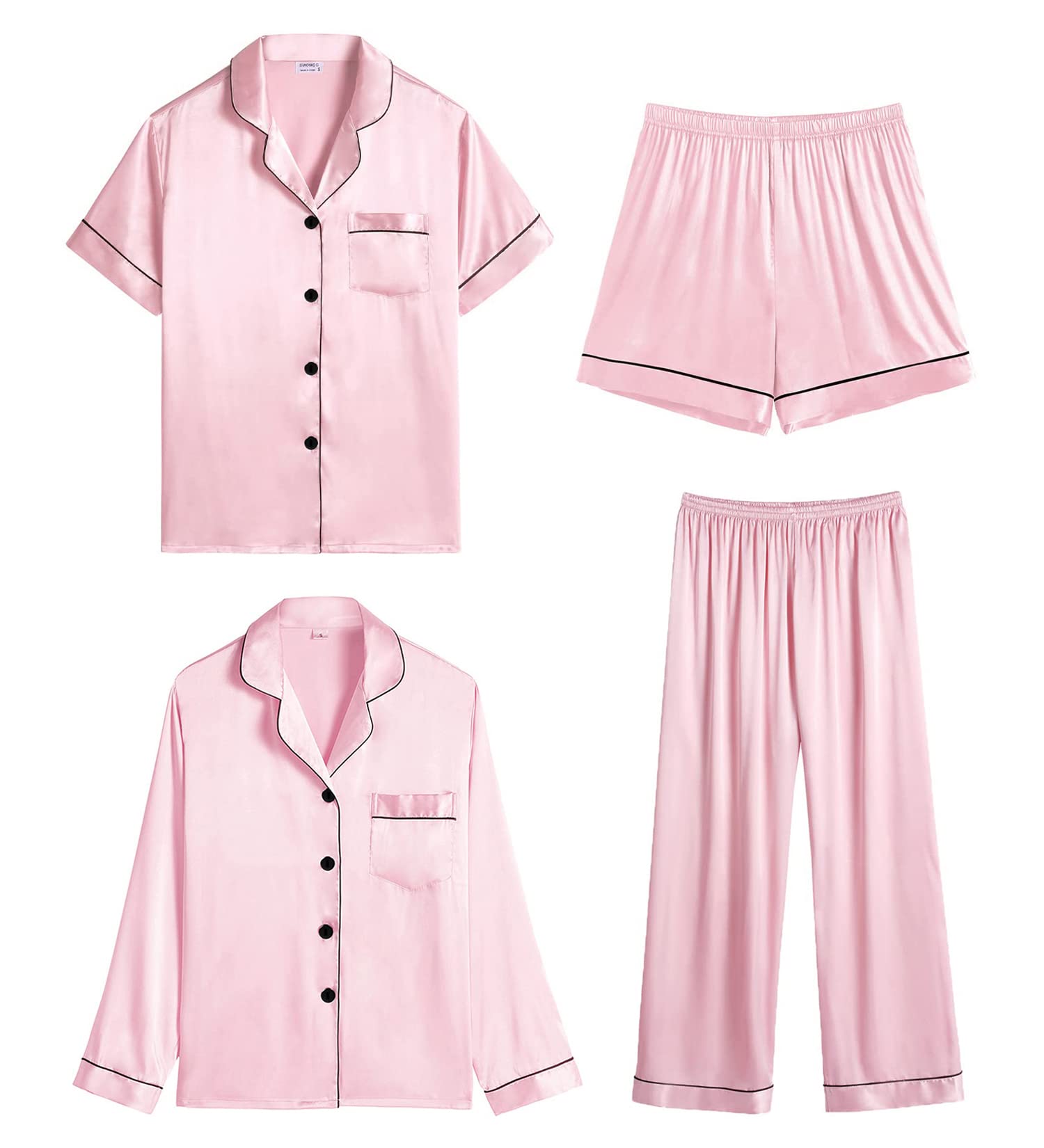 SWOMOG Women 4Pcs Silk Pajamas Set Button Down Sleepwear Loungewear Pj Sets for Ladies Nightwear Pink Small