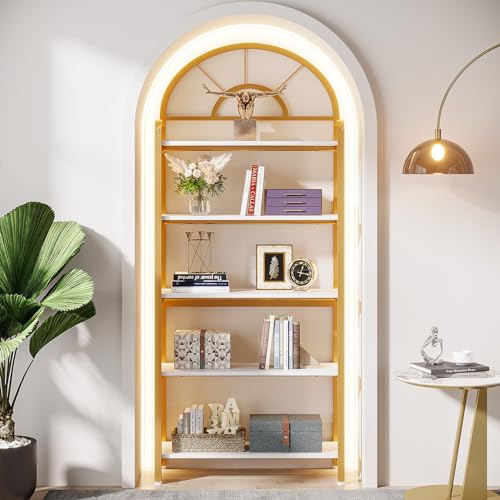 Tribesigns White and Gold Arched Bookshelf 5 Tier Bookcase, Gold Shelves for Living Room Freestanding Tall Display Shelf, Decorative Shelf for Bedroom