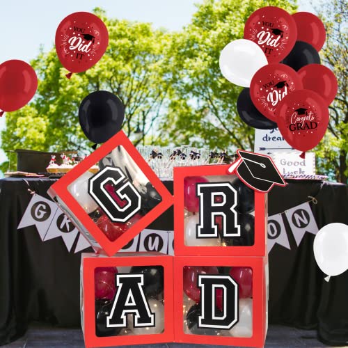 DAZONGE Graduation Party Decorations 2023 - Set of 4 Red Balloon Boxes with 40 Latex Graduation Balloons & 4 Light Strings - So Proud of You Graduation Decorations for Any Grades Ceremony