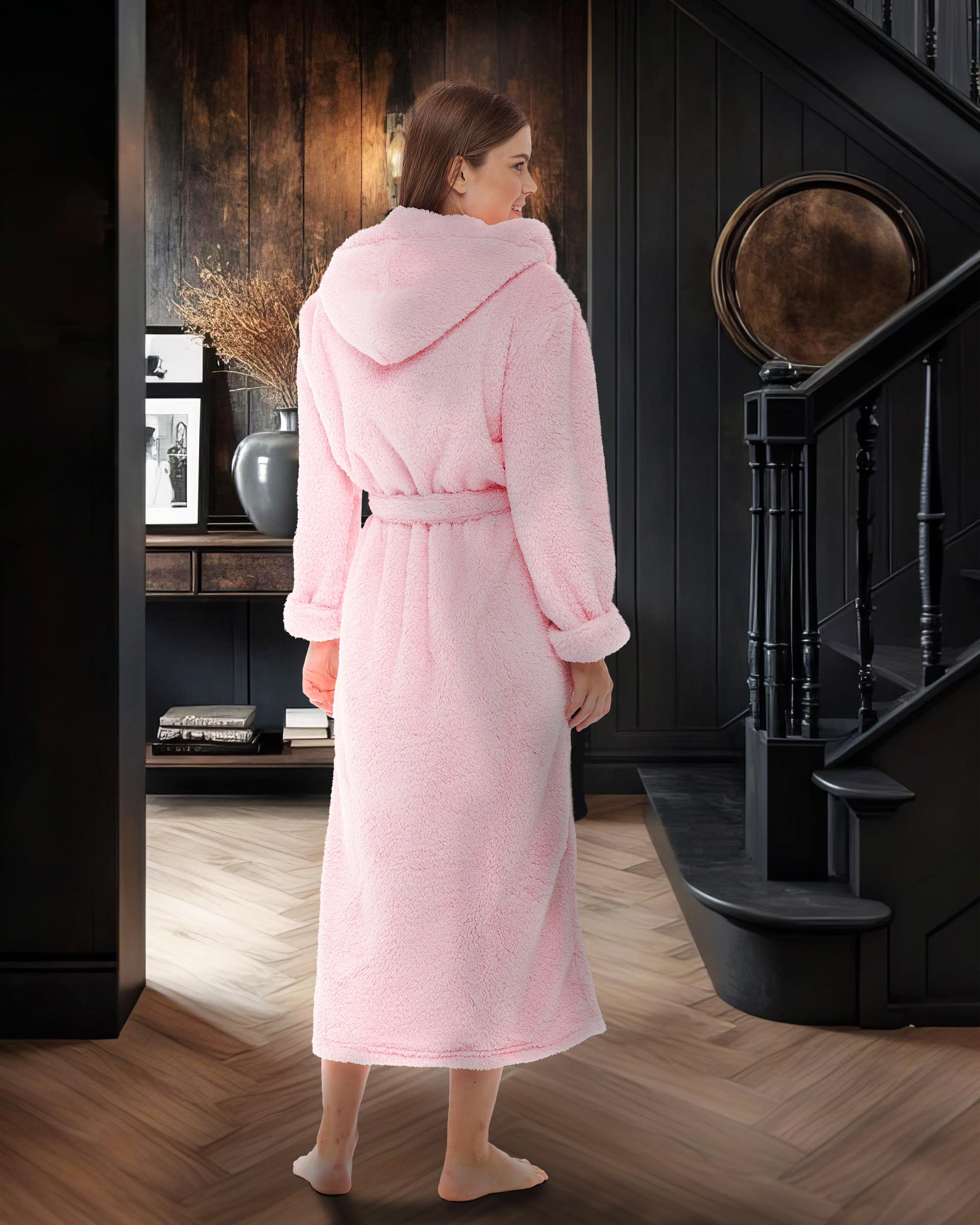 Alexander Del Rossa Womens Fluffy Robe, Fuzzy Robe for Women, Long Hooded Robes for Women, Plus Size Robe Pink Rose Quartz Medium (A0304RSQMD)