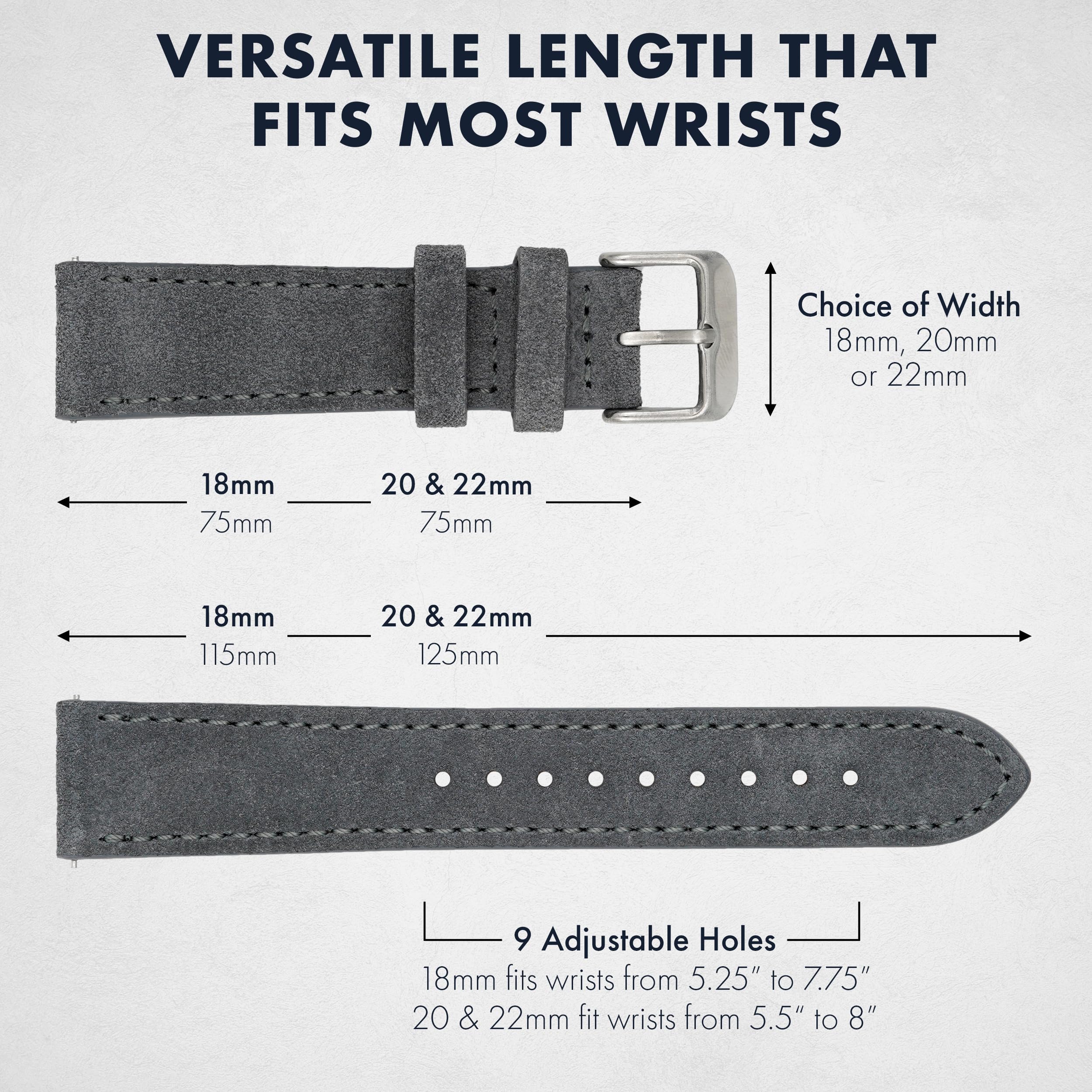 Benchmark Suede 20mm Leather Watch Band – 20mm Quick Release Watch Band with Stainless-Steel Buckle & 9 Adjustable Holes – Grey Leather Watch Bands for Men & Women (20mm, Grey)