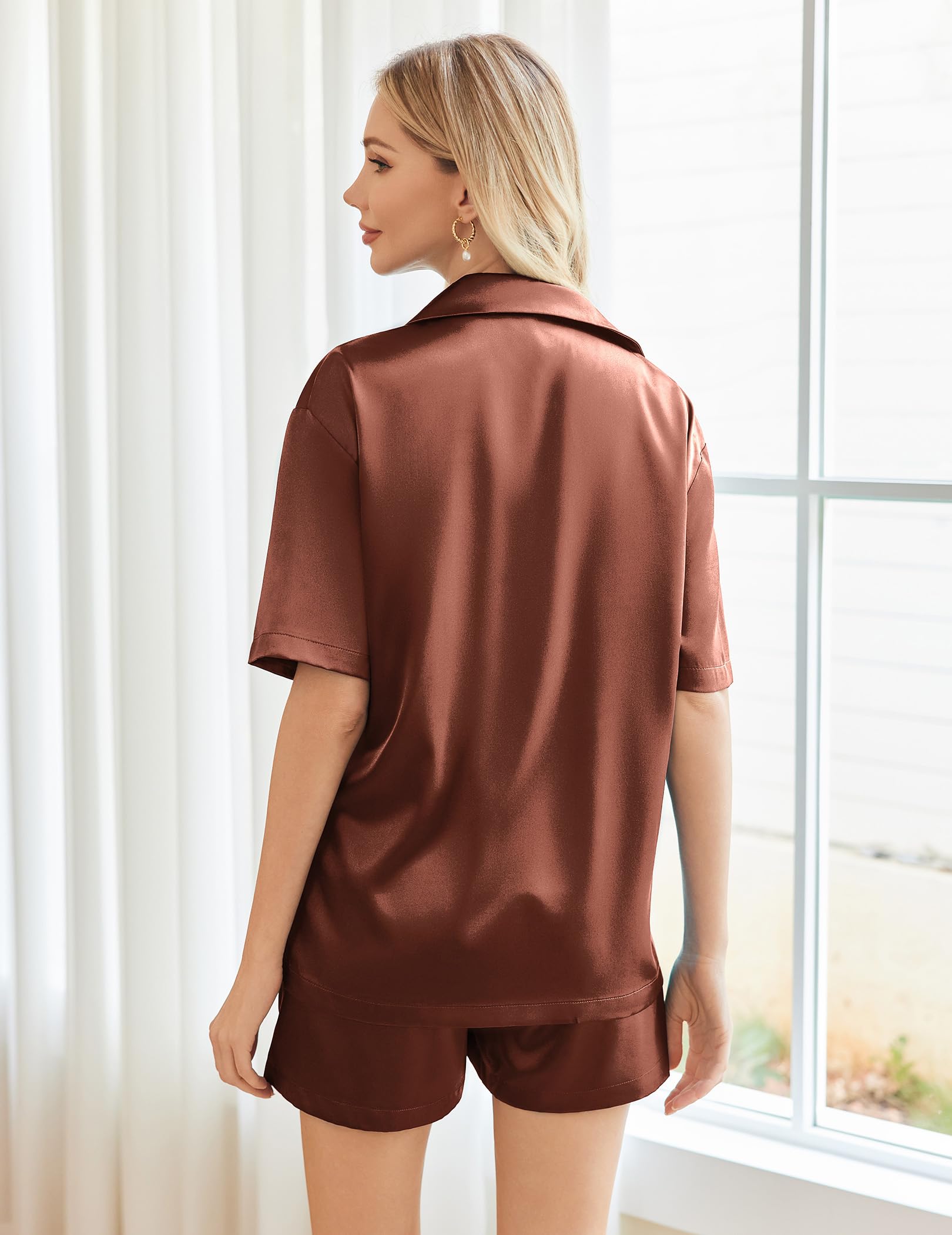 Ekouaer Pajamas for Women Silk Soft Sleepwear Short Sleeve Button Down Pjs Satin Top and Shorts 2 Piece Lounge Set,Brown,M