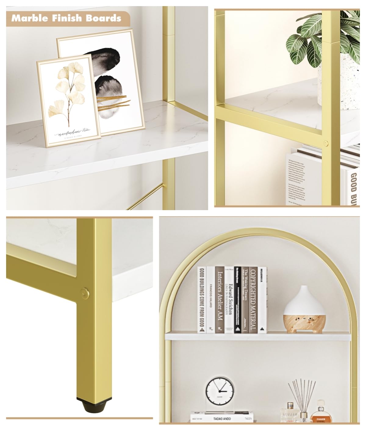 Gyabnw Bookshelf, 5-Tier Arched Bookcase with Metal Frame, Open Modern Bookcase Shelf Storage Organizer for Bedroom, Study, Living Room, and Office(White, Gold)