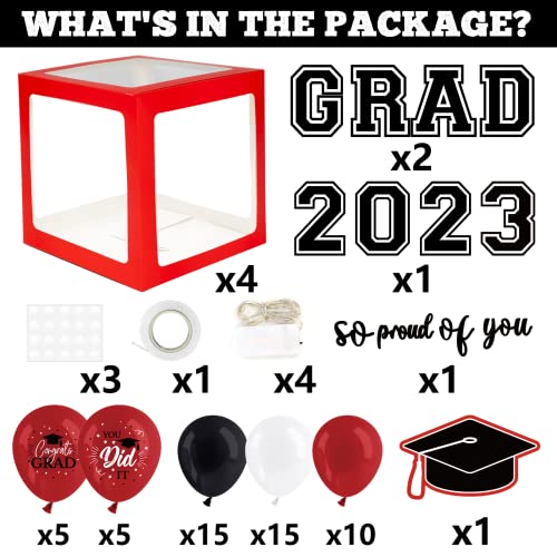 DAZONGE Graduation Party Decorations 2023 - Set of 4 Red Balloon Boxes with 40 Latex Graduation Balloons & 4 Light Strings - So Proud of You Graduation Decorations for Any Grades Ceremony