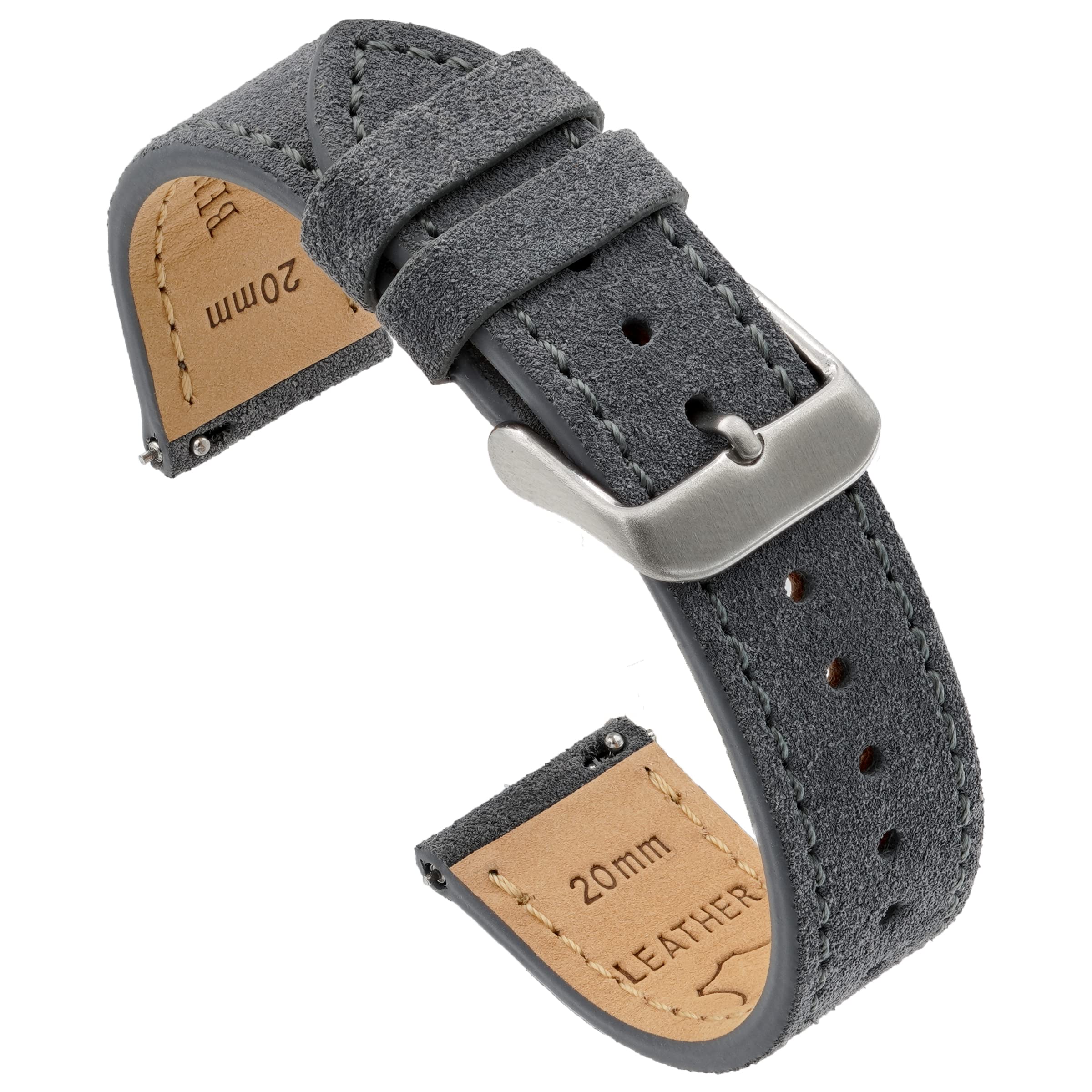 Benchmark Suede 20mm Leather Watch Band – 20mm Quick Release Watch Band with Stainless-Steel Buckle & 9 Adjustable Holes – Grey Leather Watch Bands for Men & Women (20mm, Grey)