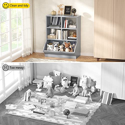 Aheaplus Toy Storage Organizer with Bookcase, 5 Cubby Bookshelf Toy Storage Cabinet, Open Multi-Bins Toys&Books Storage Display Organizer for Playroom, Bedroom, Living Room, Grey