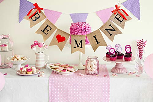 Valentines Day Burlap Banner, Valentines Decor for Home, Be Mine Hanging Banner & 28 Pcs Felt Heart Garland Banner Decor for Mantle Fireplace Wall, Decorations Pre-Assembled - No DIY Required