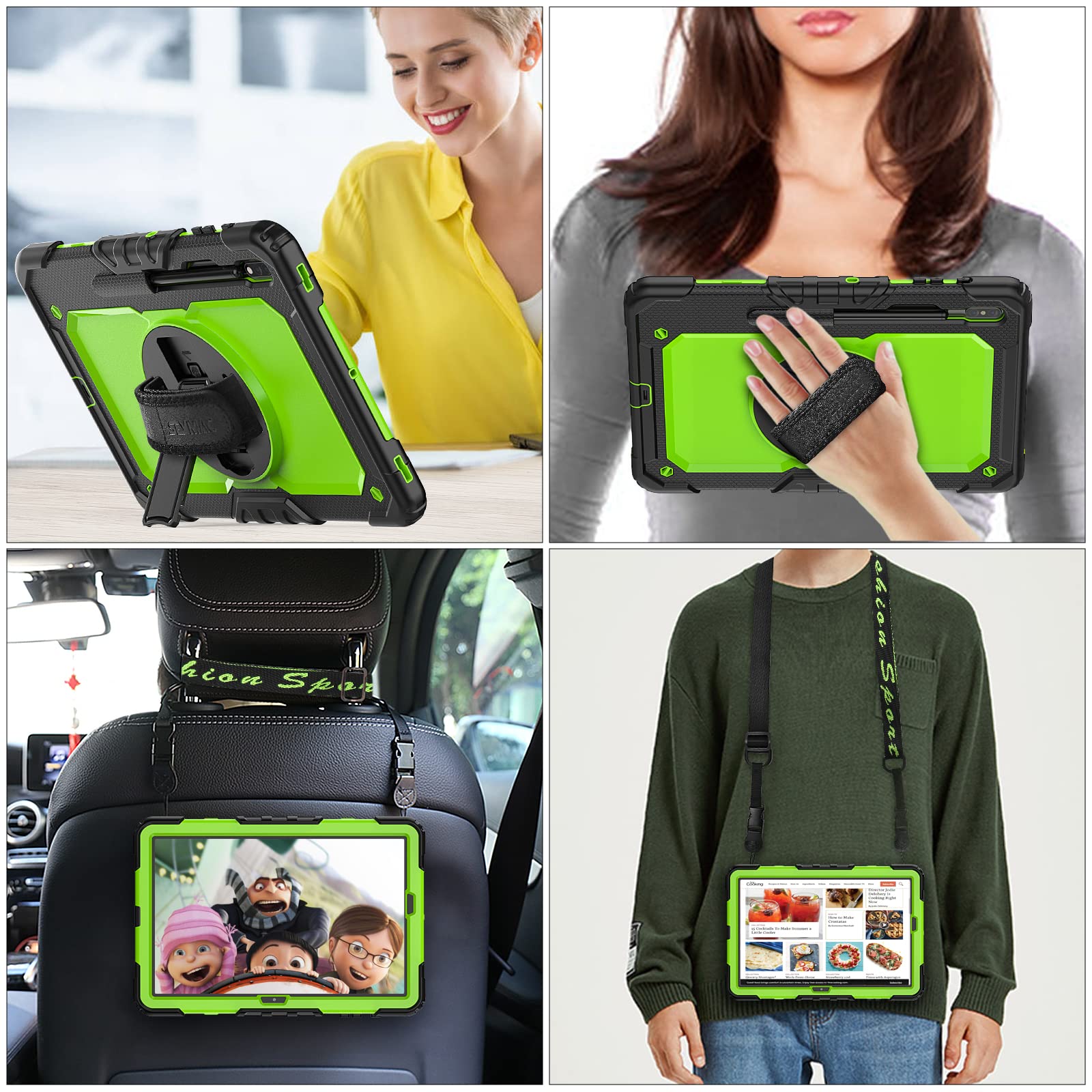 SEYMAC stock Case for Samsung Galaxy Tab S7 FE / S8 Plus 5G Case 12.4'' with Screen Protector Pencil Holder [360 Rotating Hand Strap] &Stand, Drop-Proof, Green/Black
