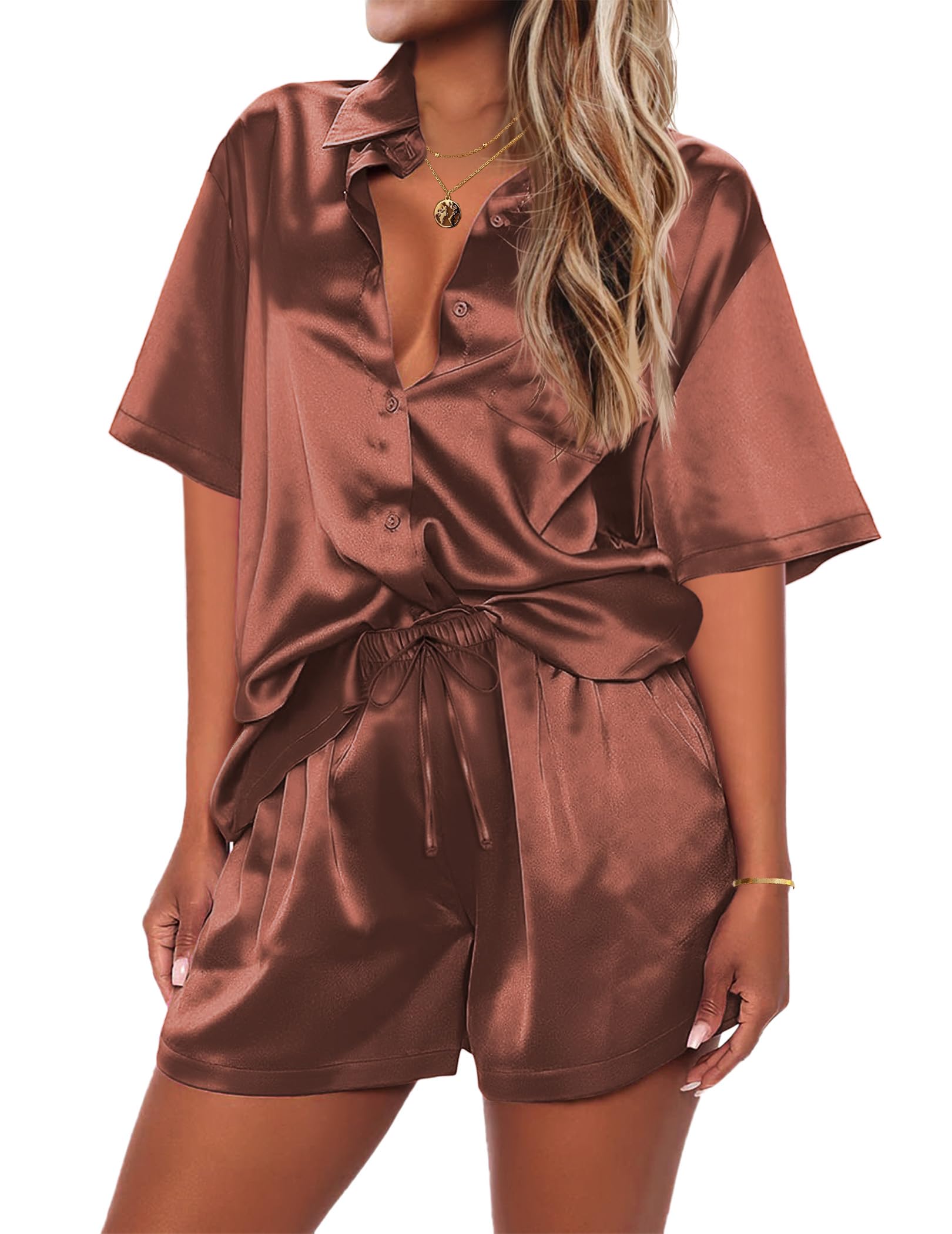 Ekouaer Pajamas for Women Silk Soft Sleepwear Short Sleeve Button Down Pjs Satin Top and Shorts 2 Piece Lounge Set,Brown,M