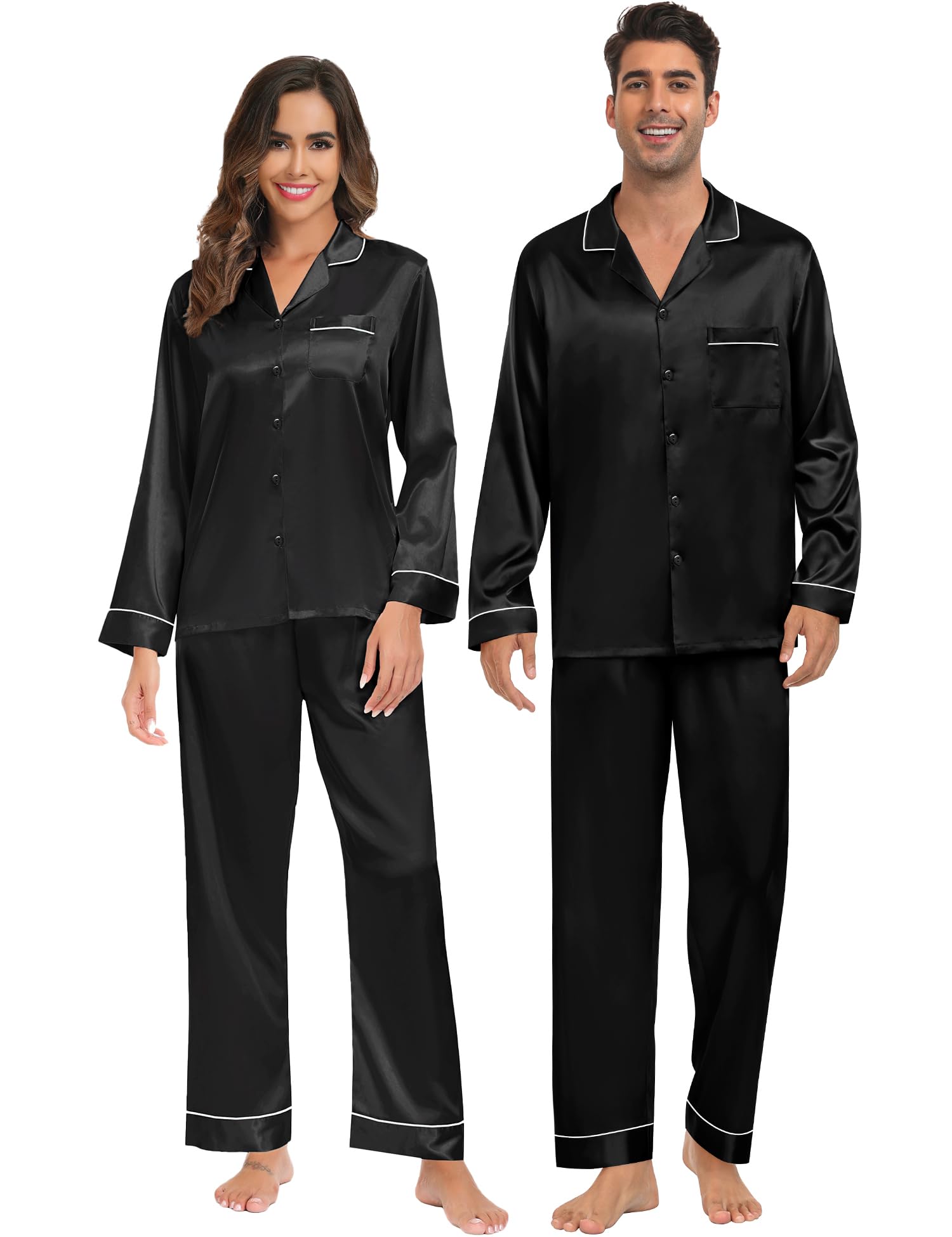 SWOMOG Couples Matching Pajamas Set Christmas Family Pajamas Long Sleeve Button Down Pj Set 2Pcs Festival Party Sleepwear Black