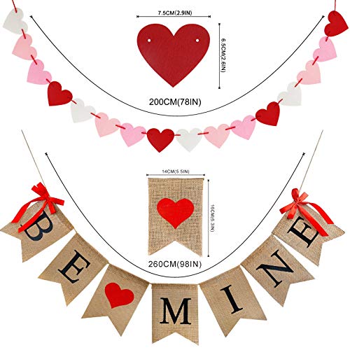 Valentines Day Burlap Banner, Valentines Decor for Home, Be Mine Hanging Banner & 28 Pcs Felt Heart Garland Banner Decor for Mantle Fireplace Wall, Decorations Pre-Assembled - No DIY Required