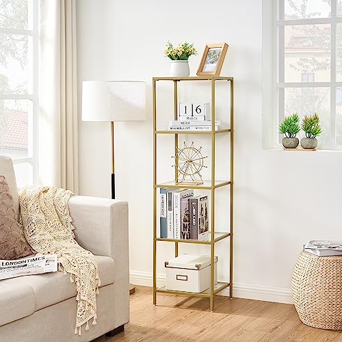 Homhedy 5-Tier Bookshelf,Metal Bookcase,Tempered Glass Shelves,Storage Rack Shelf for Home Office ,Living Room,Bedroom, Bathroom,Modern Style,Golden