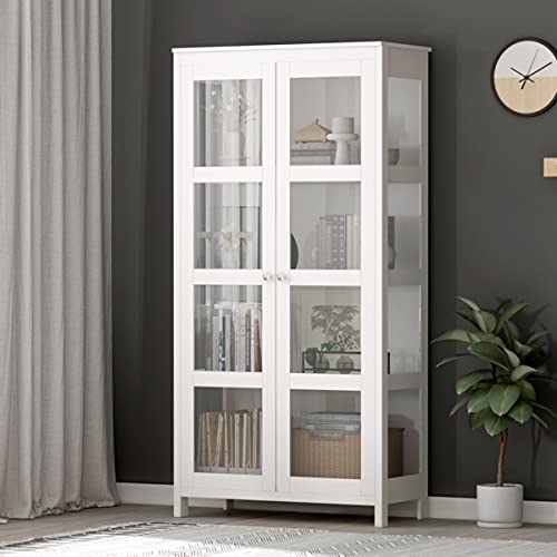 AIEGLE 5-Shelf Bookcase, Tall Display Shelf with 2 Acrylic Doors, Wooden Tall Bookcase Bookshelf Storage Cabinet for Living Room, White (35.4" L x 16.5" W x 72.3" H)