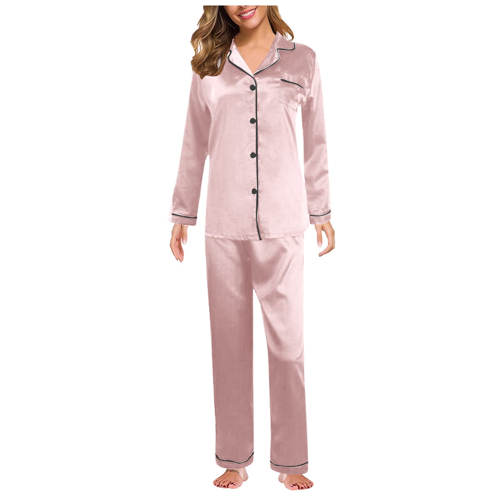 Aniywn Silk Satin Pajama Set For Women Soft Lounge Set Women's Silk Sleepwear Satin Long Sleeve Two Piece Pajama Pj Set B-pink