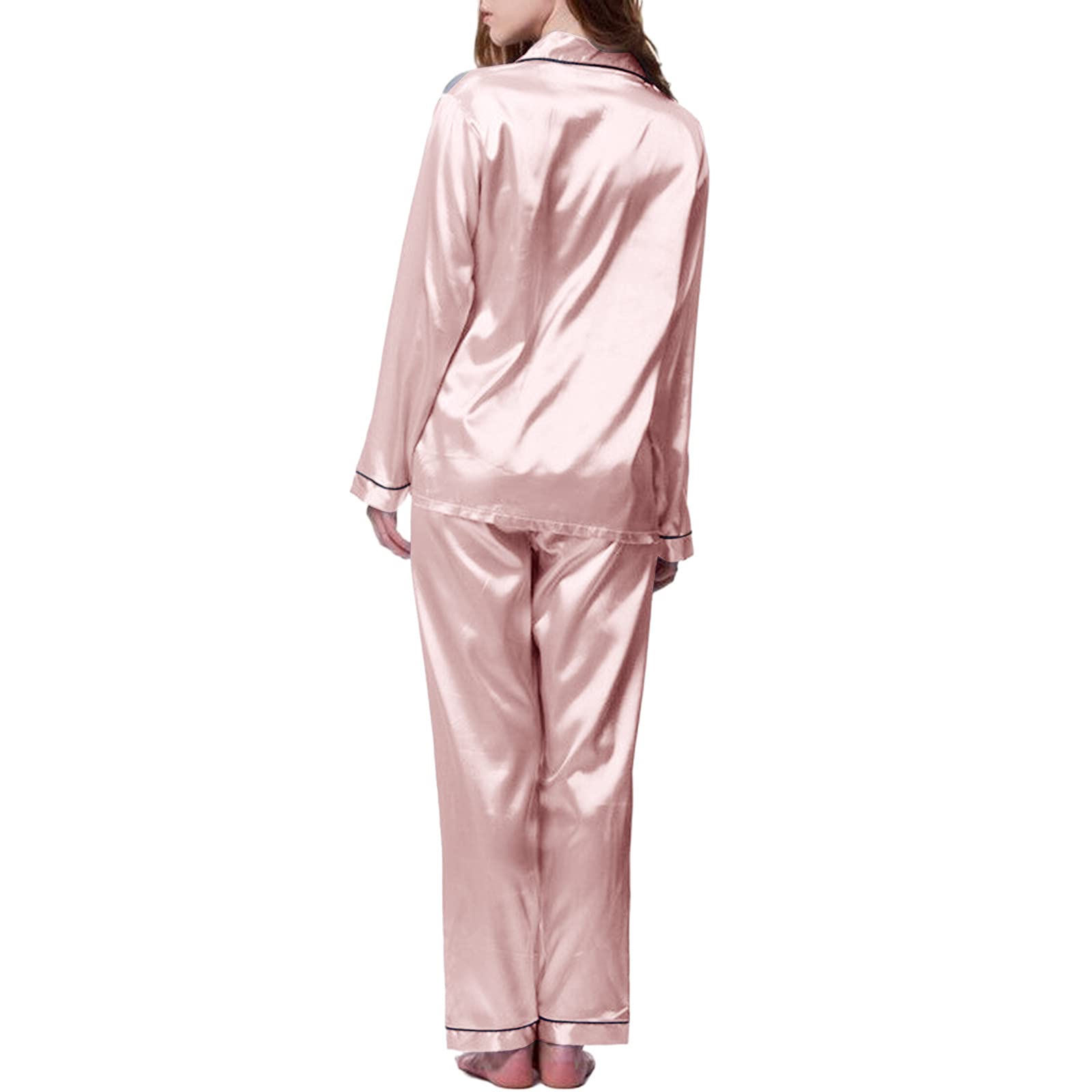 Aniywn Silk Satin Pajama Set For Women Soft Lounge Set Women's Silk Sleepwear Satin Long Sleeve Two Piece Pajama Pj Set B-pink